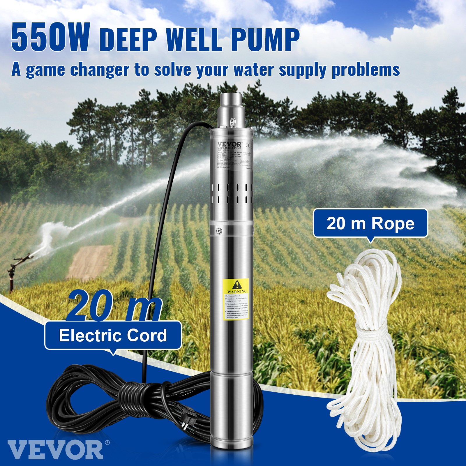 VEVOR VEVOR Deep Well Submersible Pump, 550W 230V/50Hz, 35L/min 108 m ...