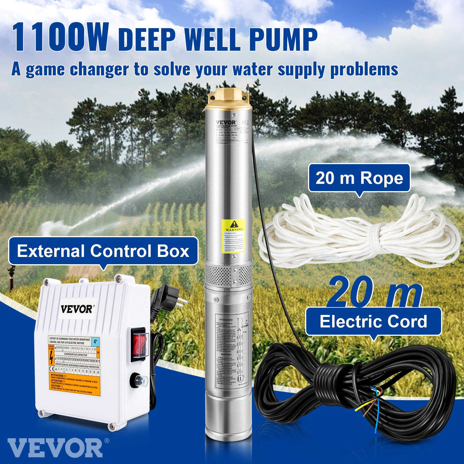 VEVOR VEVOR Deep Well Submersible Pump, 1100W 230V/50Hz, 190L/min 57 m ...