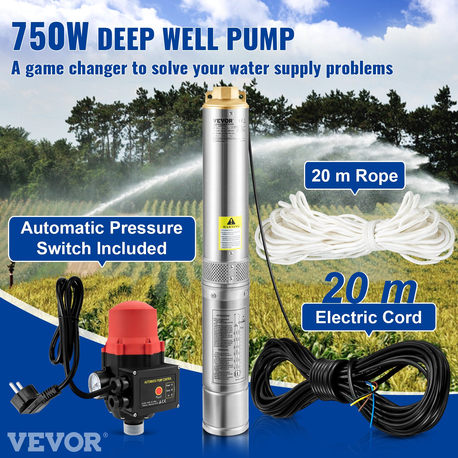 VEVOR VEVOR Deep Well Submersible Pump Stainless Steel Water Pump 750W ...