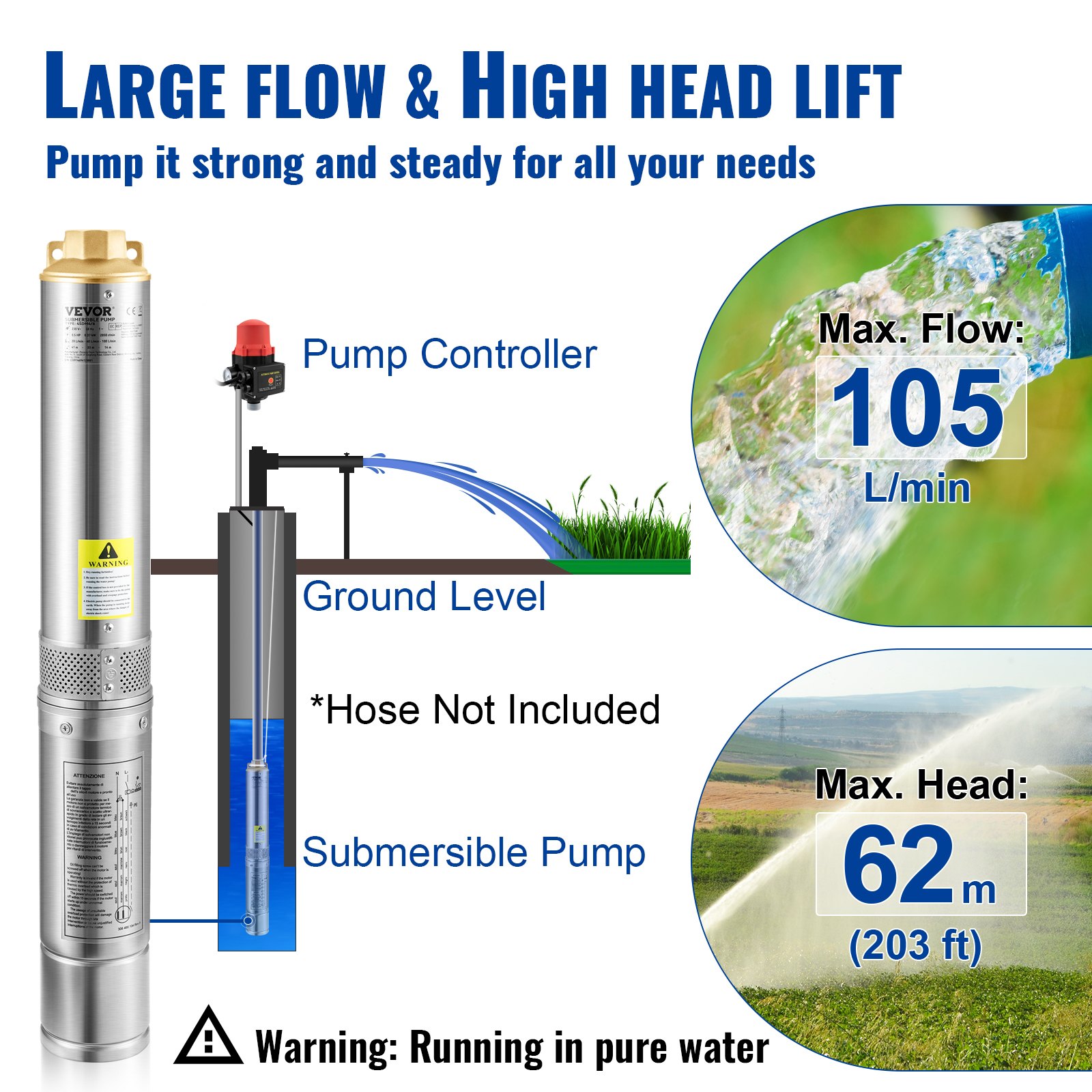 VEVOR VEVOR Deep Well Submersible Pump Stainless Steel Water Pump 750W ...