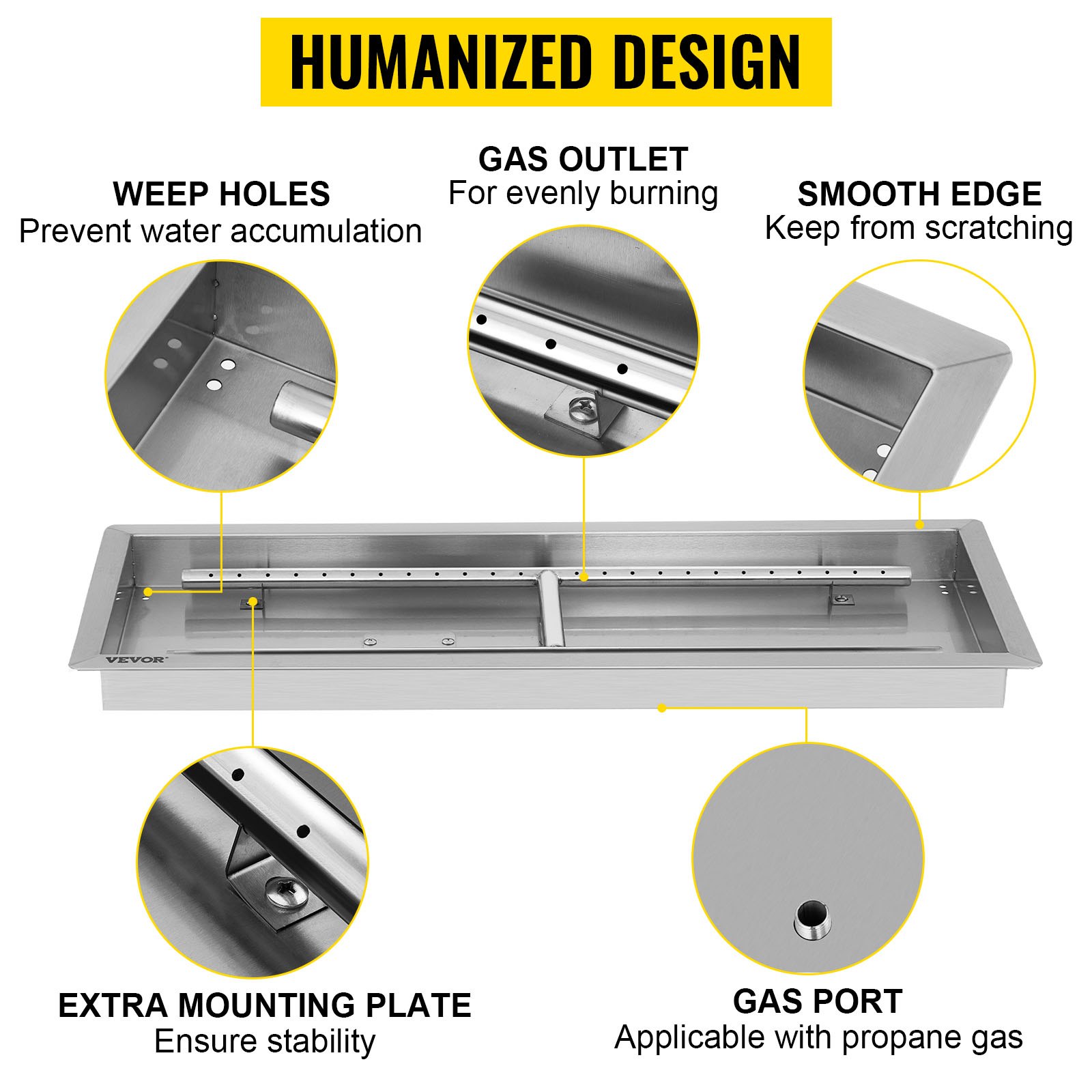 Drop-in Fire Pit Pan W/burner 35.5"x12" Rectangular Natural Gas ...