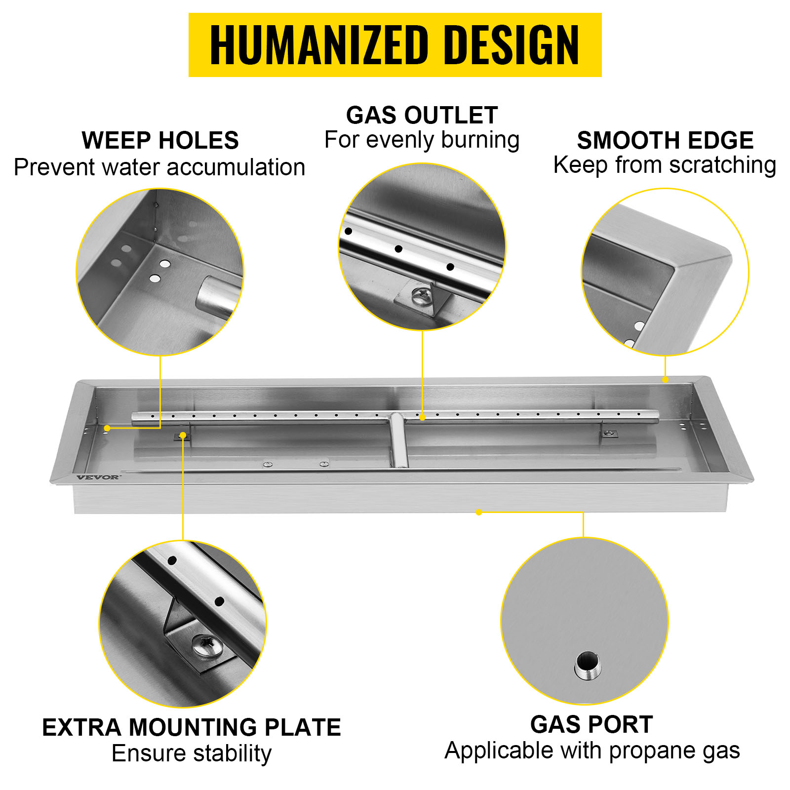 Drop-in Fire Pit Pan W/burner 35.5"x12" Rectangular Natural Gas ...