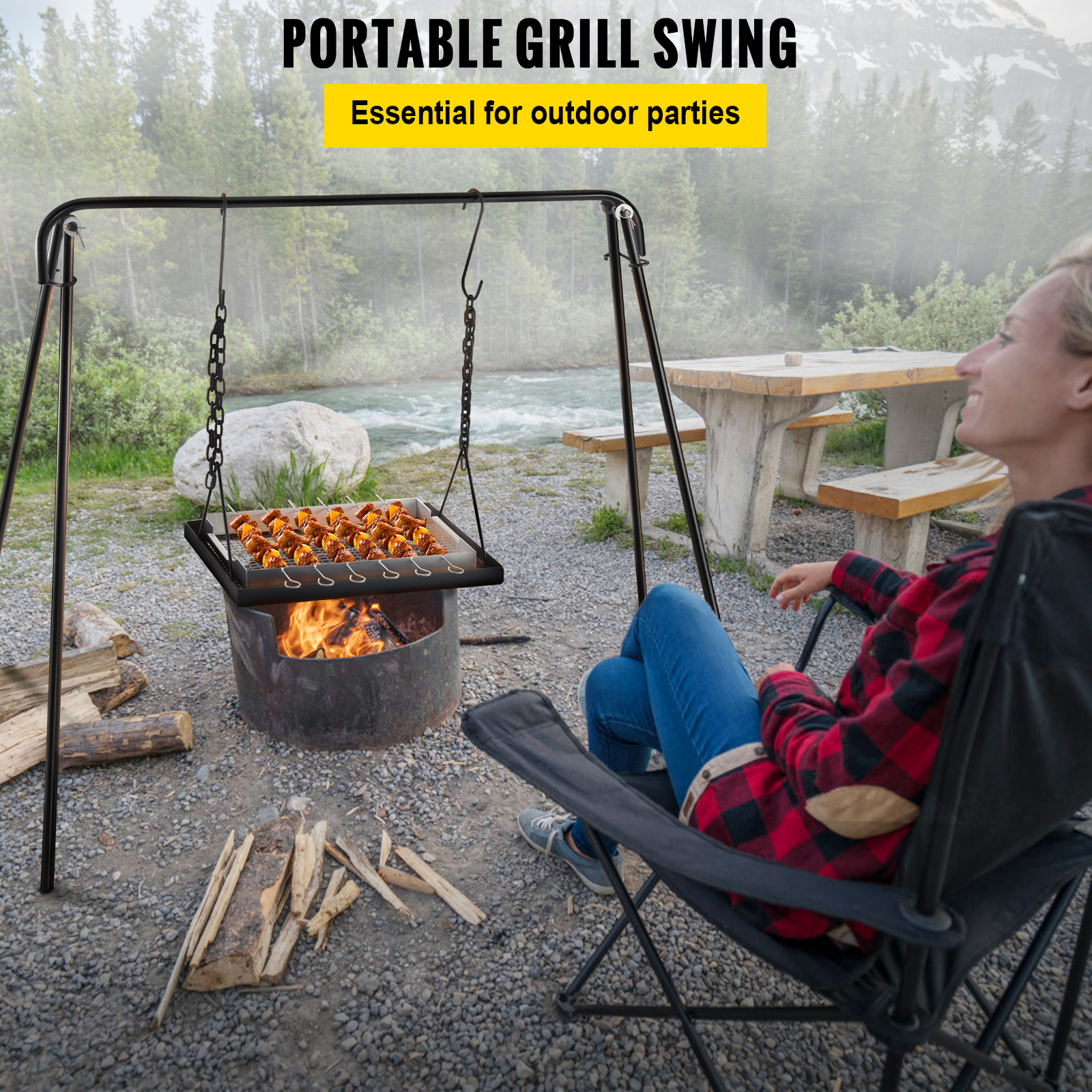 VEVOR Grill Swing, Campfire Cooking Stand 44 Lbs Capacity, Campfire ...