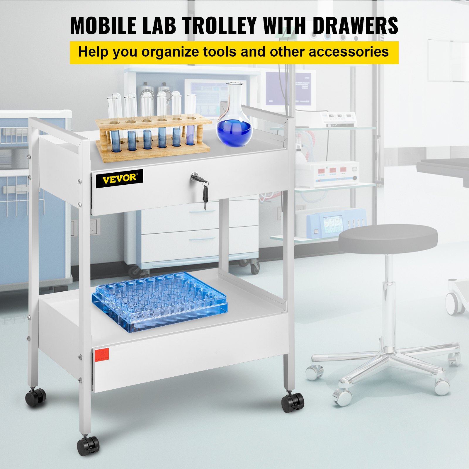 Vevor Trolley Cart Dental Lab Trolley Steel Mobile Rolling Serving Cart ...