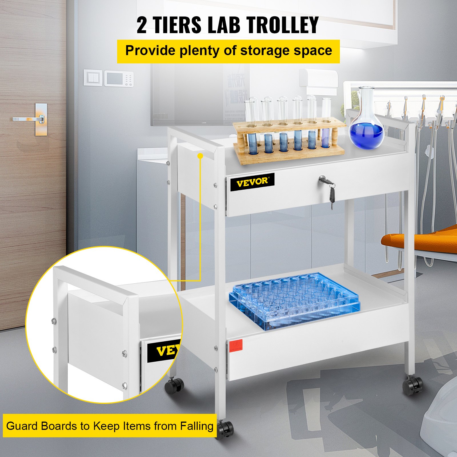Vevor Trolley Cart Dental Lab Trolley Steel Mobile Rolling Serving Cart ...