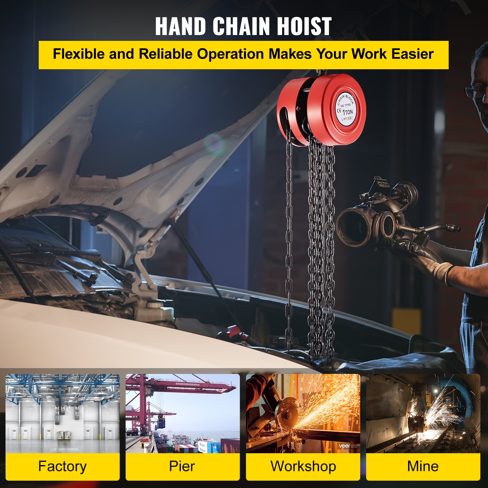 VEVOR Hand Chain Hoist, 2200 lbs /1 Ton Capacity Chain Block, 8ft/2.5m ...
