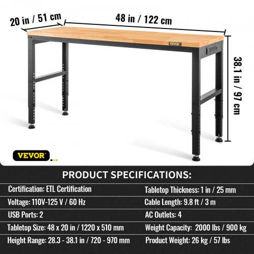 VEVOR Workbench Adjustable Height, 48" L X 20" W X 38.1" H Garage Table ...