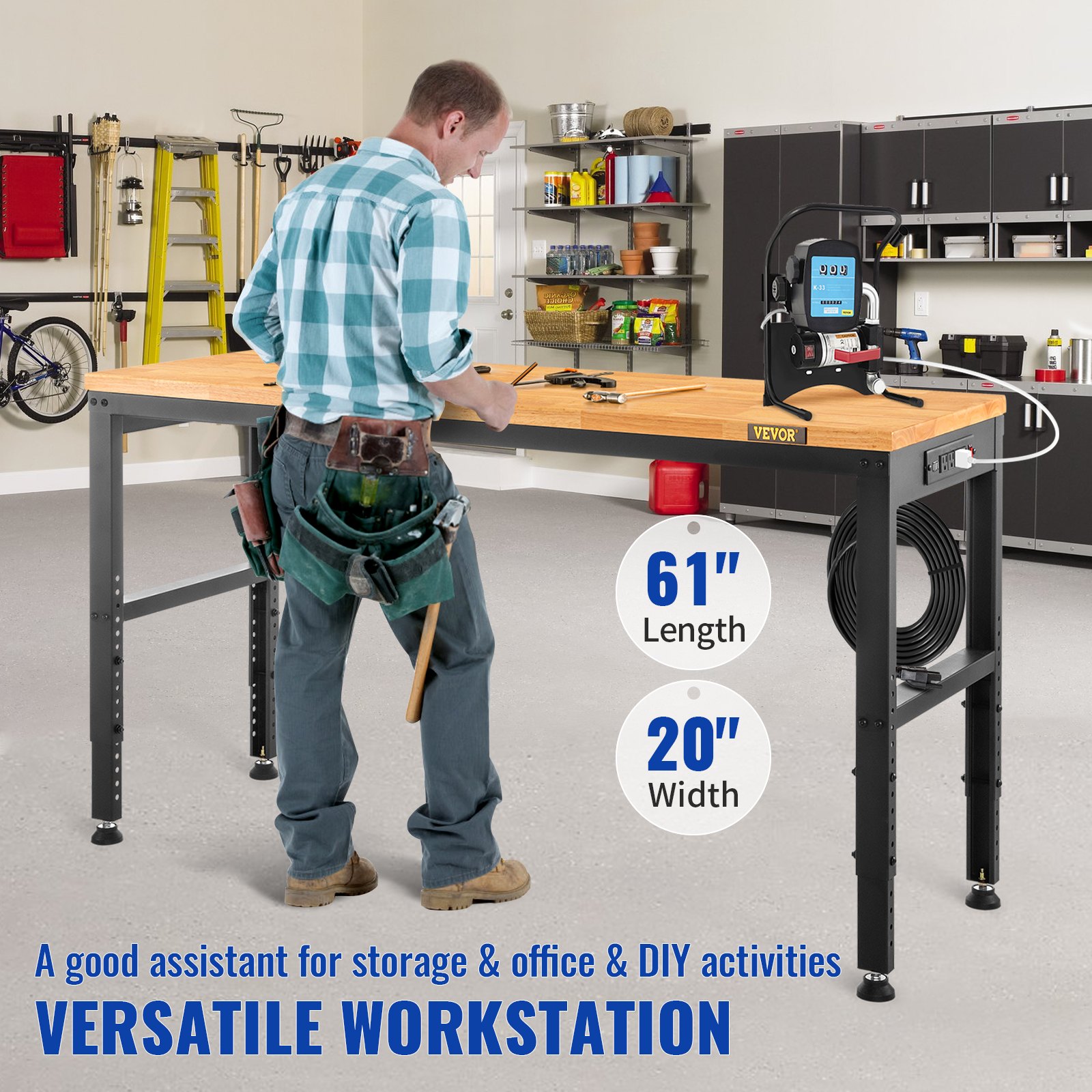 VEVOR Adjustable Height Workbench 61"L x 20"W Work Bench Table w/ Power ...