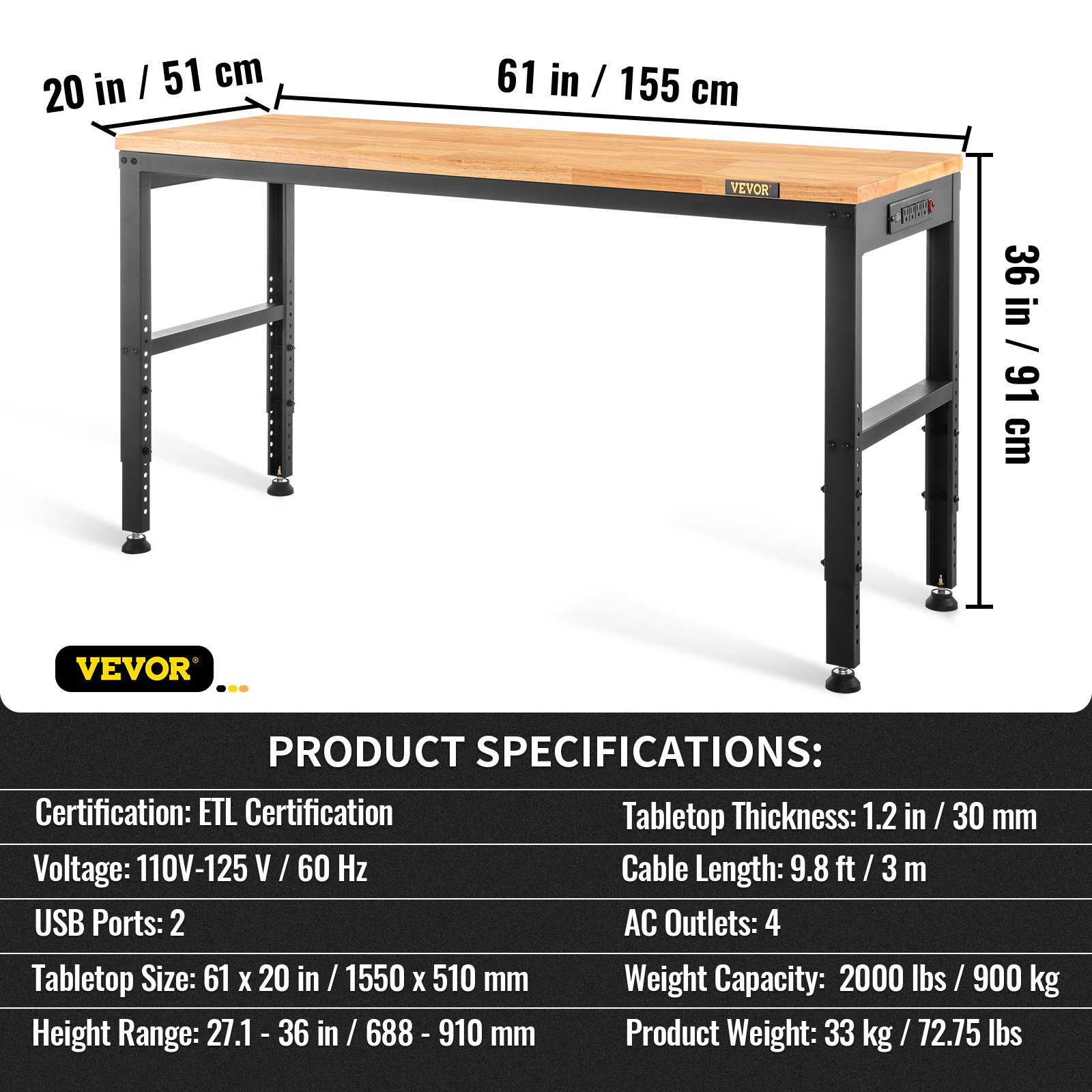 VEVOR Adjustable Height Workbench 61"L x 20"W Work Bench Table w/ Power ...