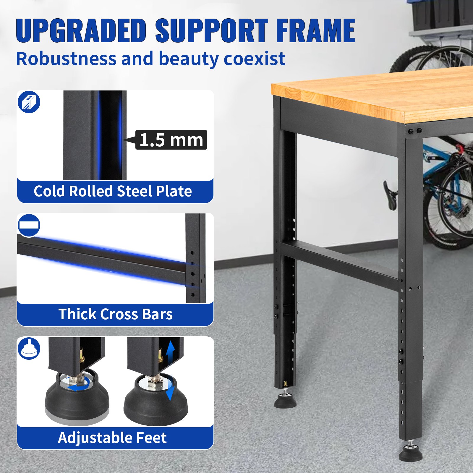 VEVOR Workbench Adjustable Height, 61" x 20" Garage Table w/ 27.1" - 36 ...