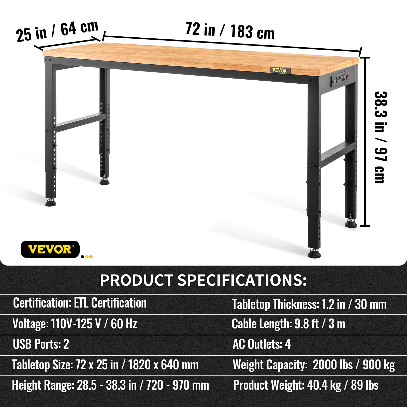 VEVOR Workbench Adjustable Height, 72" L x 25" W Garage Table with 28.5 ...