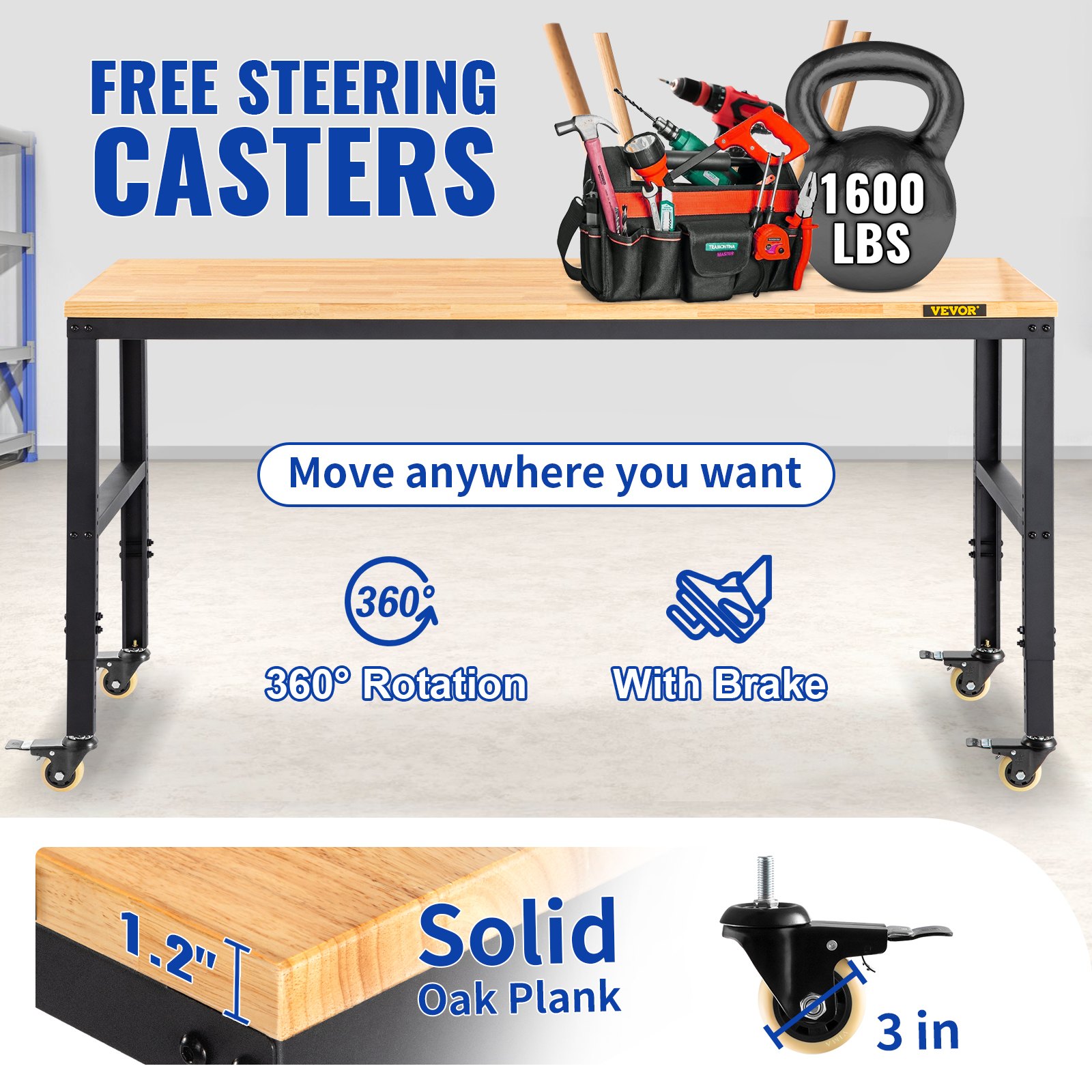 VEVOR Adjustable Height Workbench 61"L x 20"W Work Bench w/ Power ...