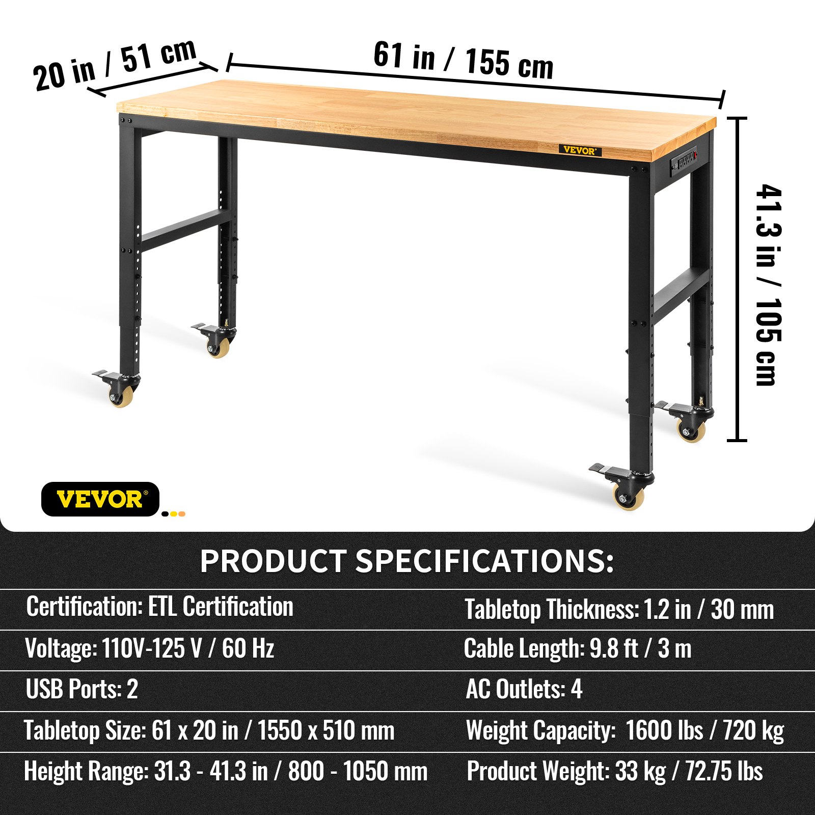 VEVOR Adjustable Height Workbench 61"L x 20"W Work Bench w/ Power ...