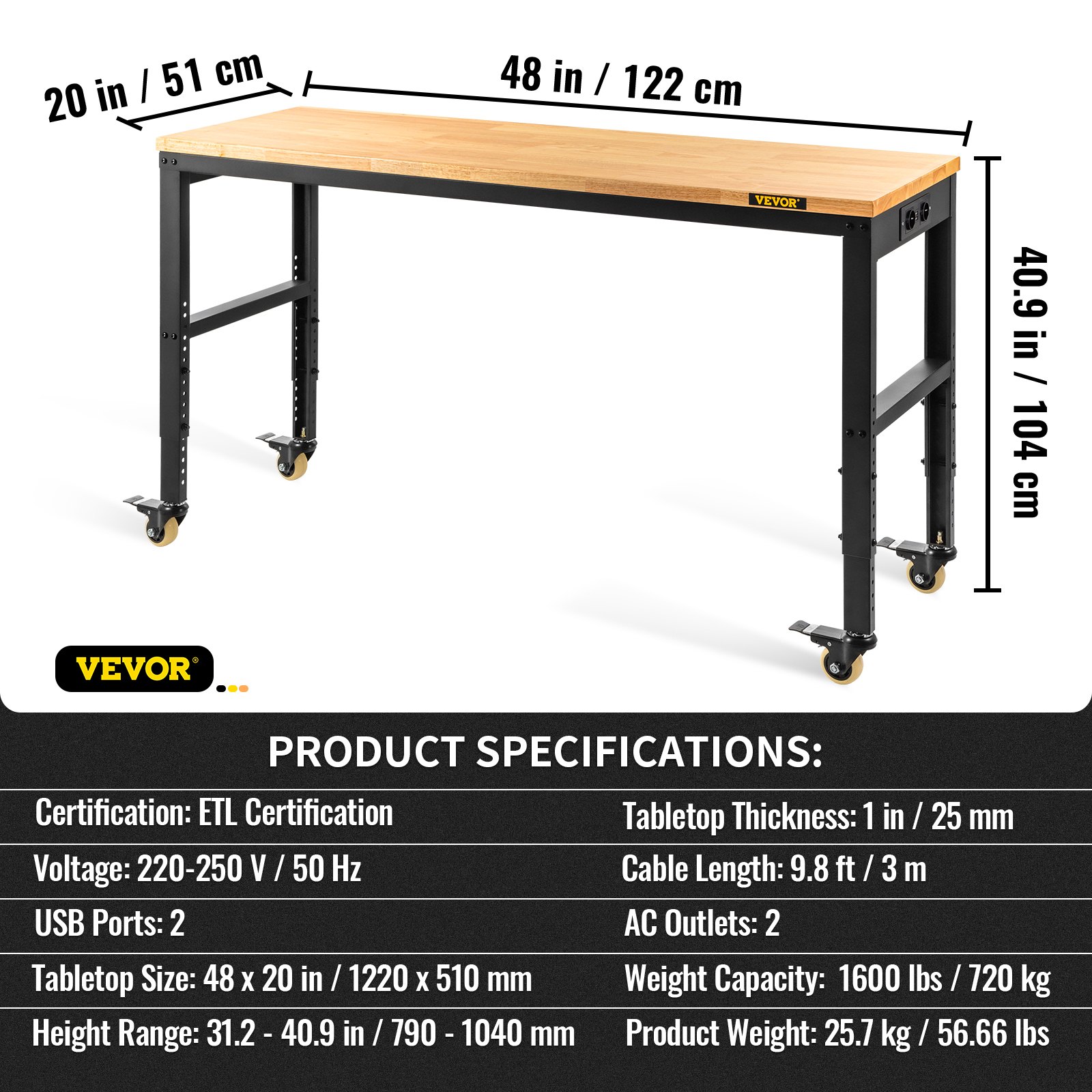 VEVOR VEVOR Adjustable Height Workbench 122x51 cm Work Bench w/ Power ...