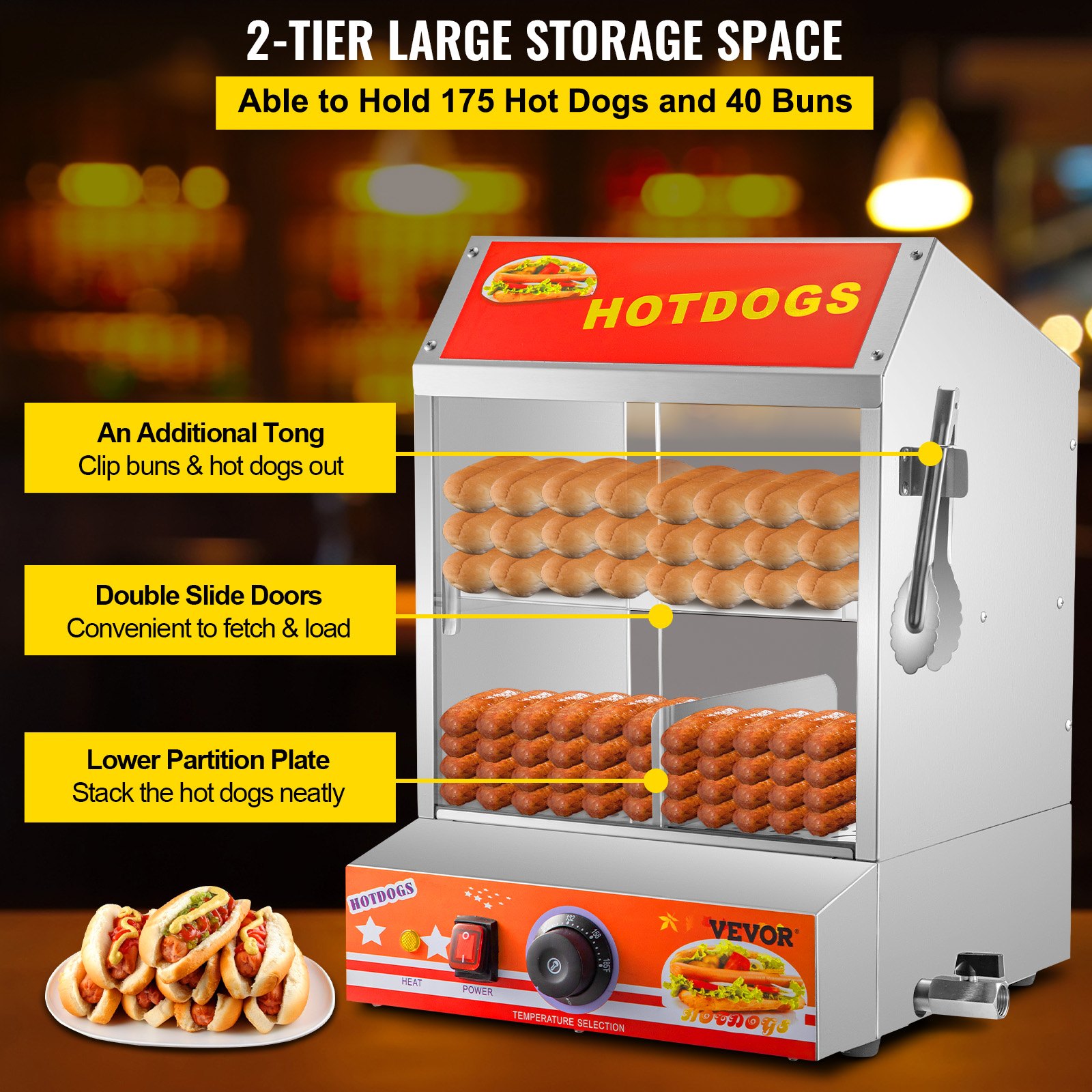 VEVOR Hot Dog Steamer, 27L/24.52Qt, 2-Tier Hut Steamer for 175 Hot Dogs ...