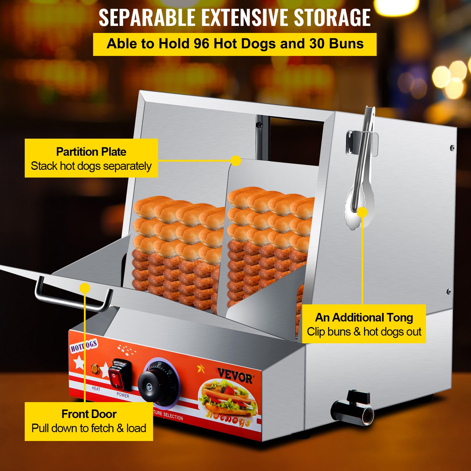 VEVOR Hot Dog Steamer, Classic Hot Dog Hut Steamer for 96 Hot Dogs & 30 ...