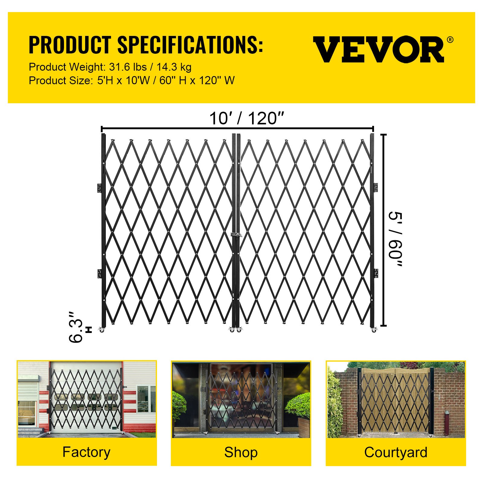 VEVOR Double Folding Security Gate, 5' H x 10' W Folding Door Gate ...