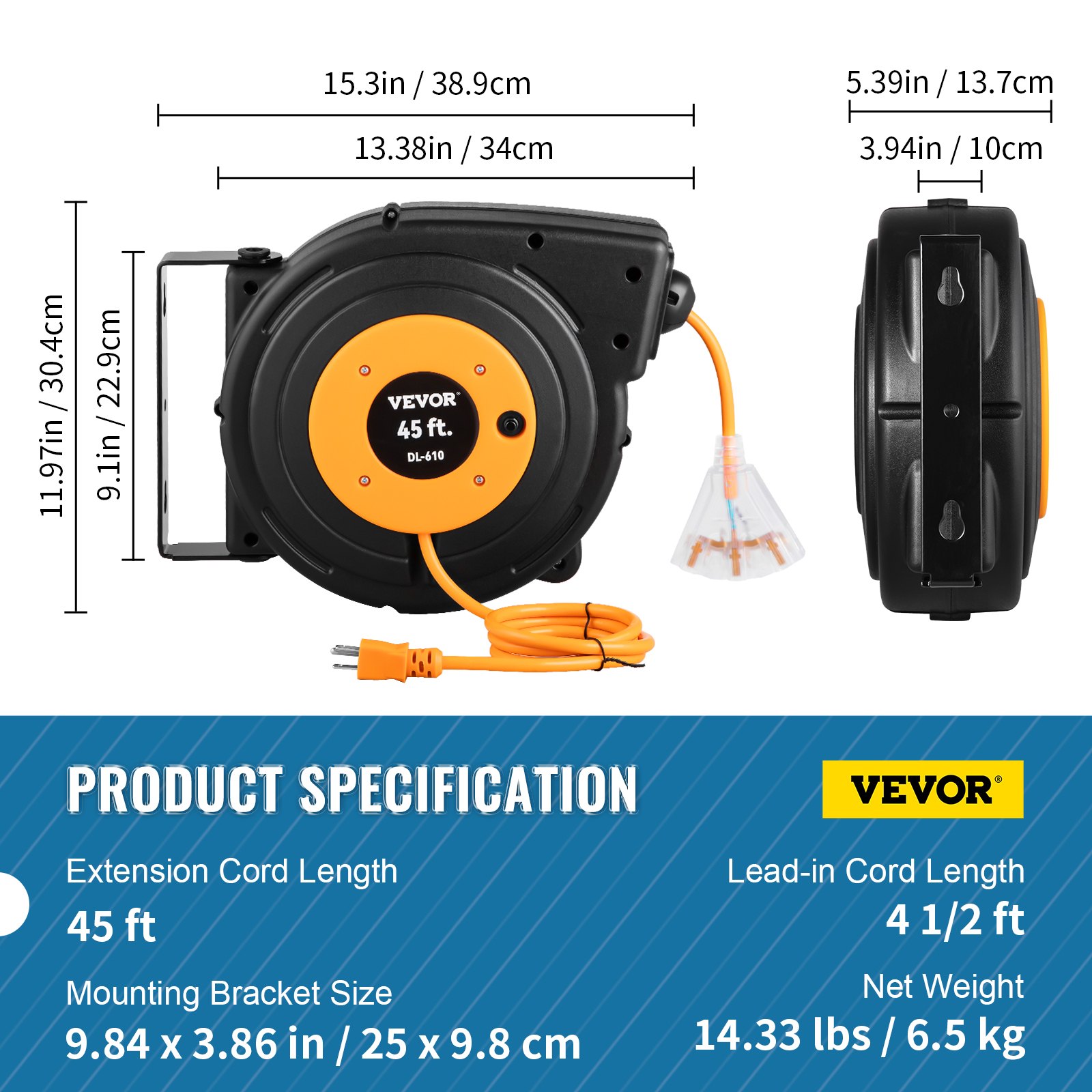 VEVOR Retractable Extension Reel, Heavy Duty 12AWG/3C SJTOW Power Cord ...