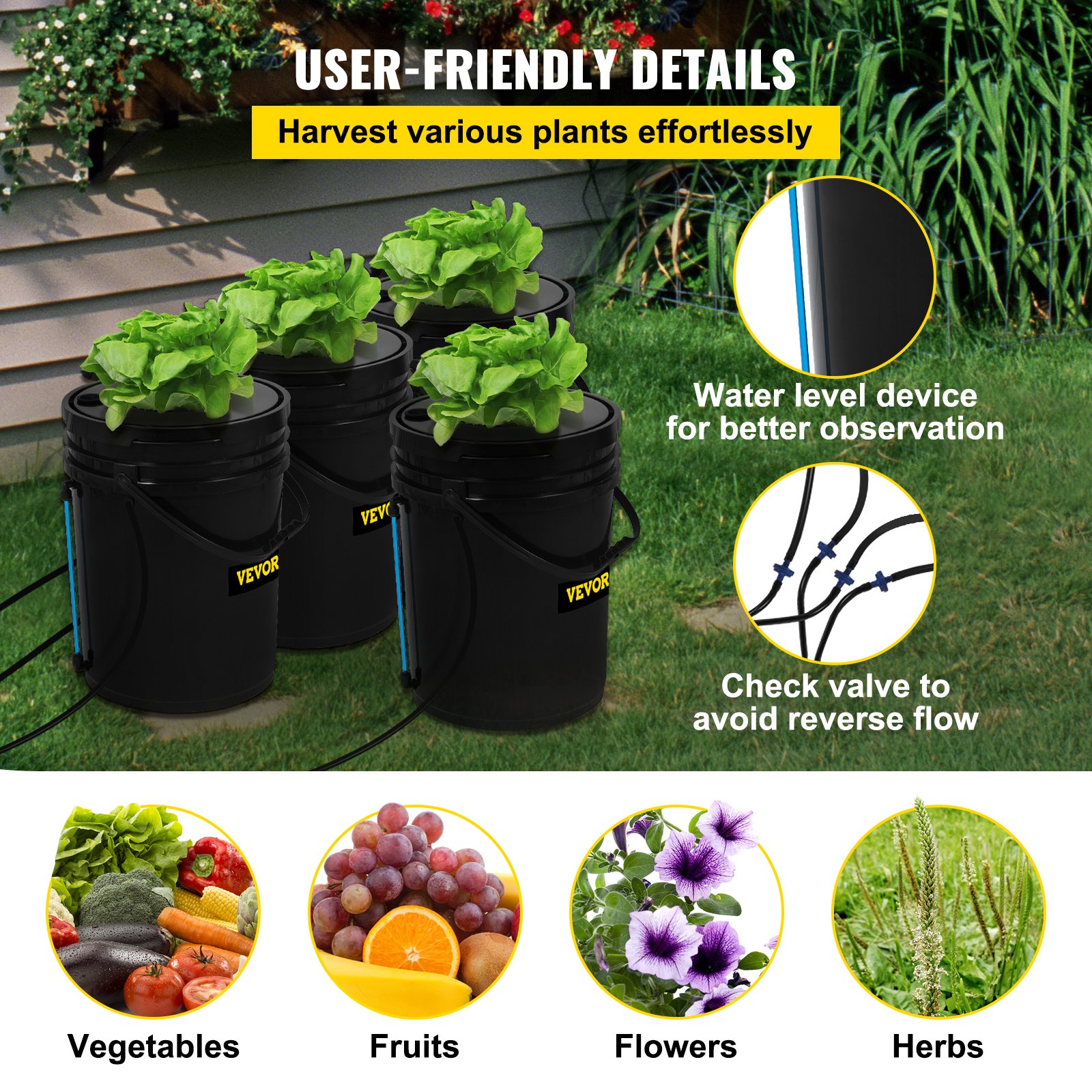 Système hydroponique VEVOR DWC, 5 gallons 4 seaux, seau de culture en ...