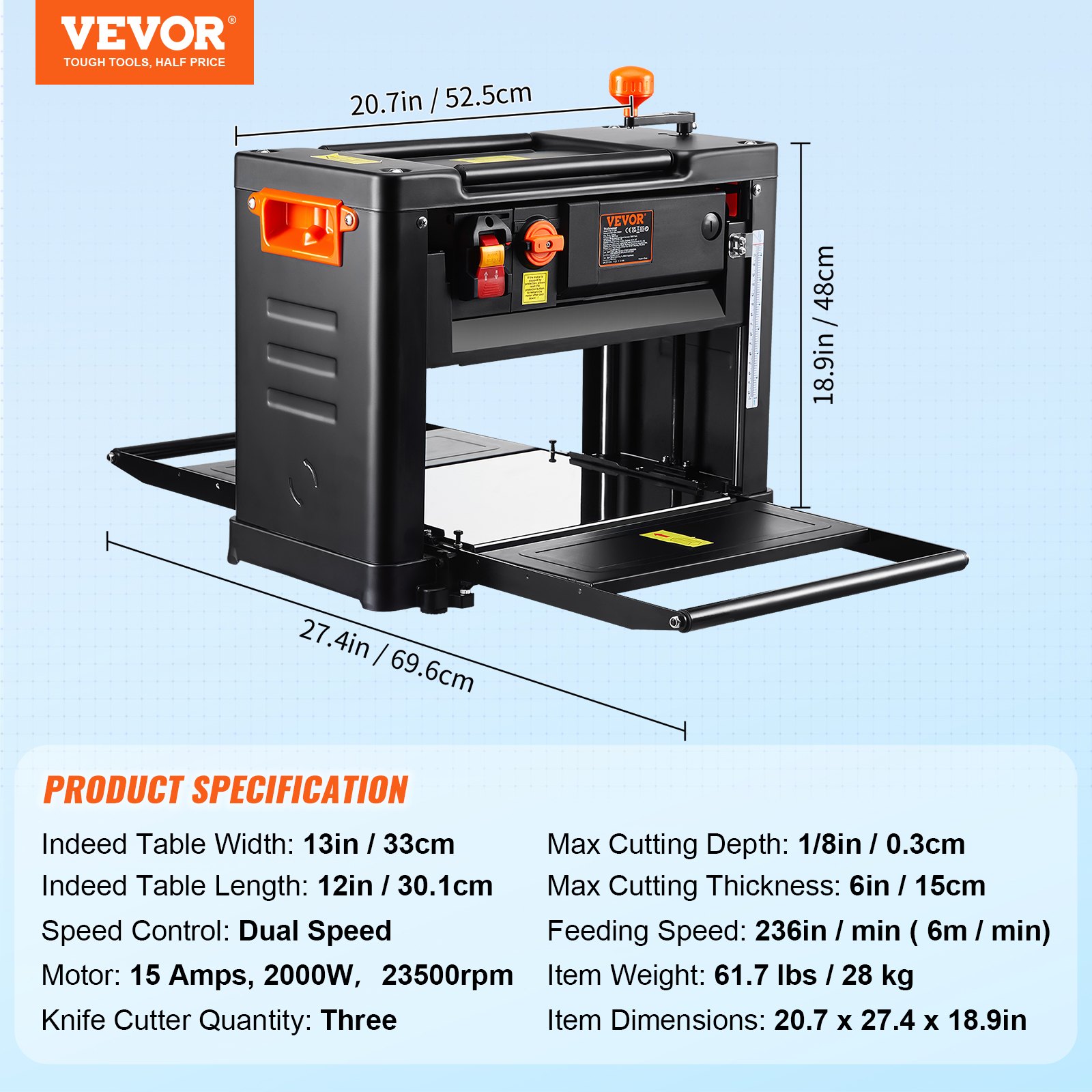 VEVOR Thickness Planer, Two Speed, 13" Width Worktable Benchtop Planer ...