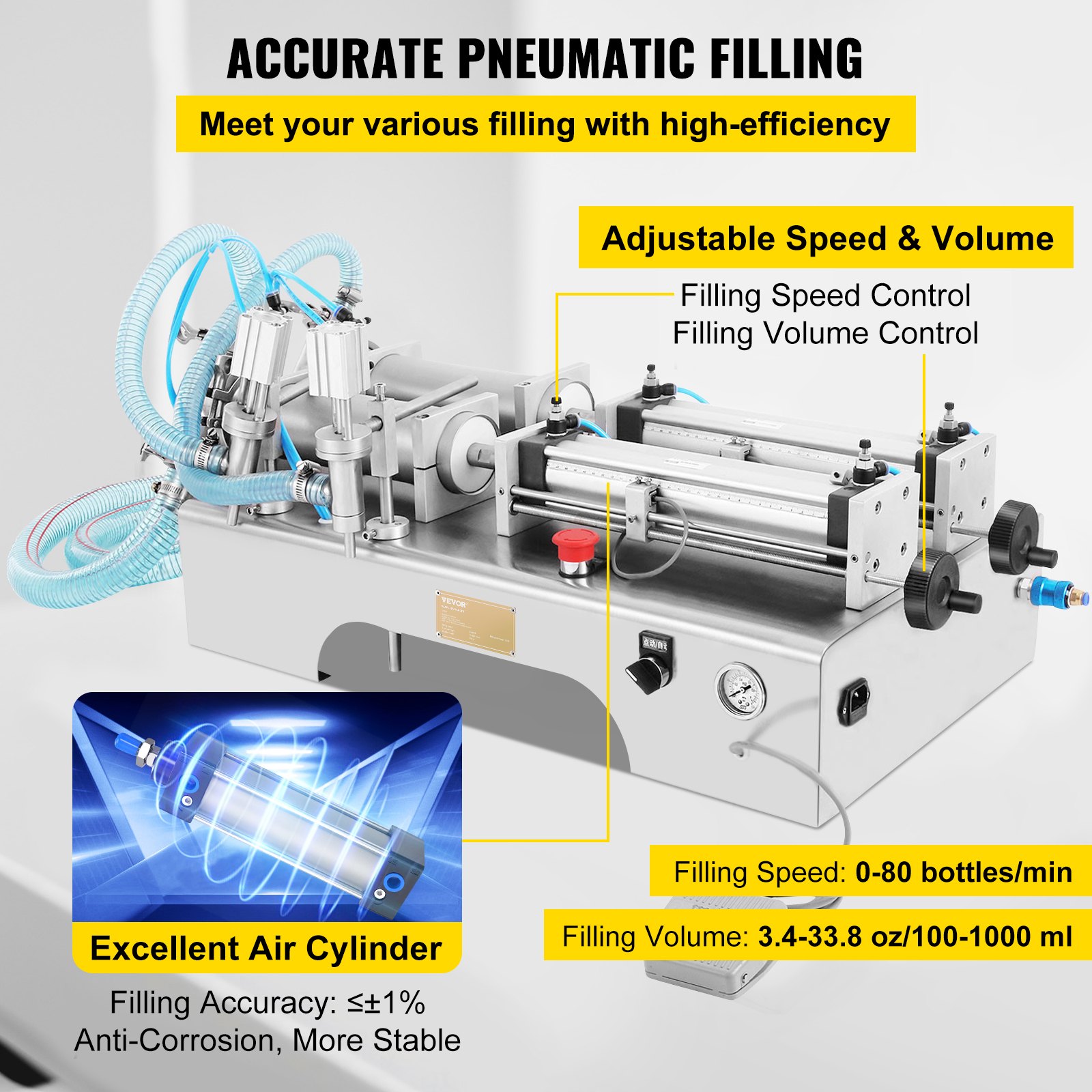 VEVOR Horizontal Liquid Filling Machine 100-1000ml, Pneumatic Liquid ...