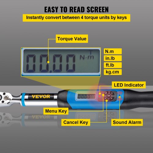 Vevor Digital Torque Wrench Adjustable Torque Wrench3/8" Drive 3.1-62.7 ...
