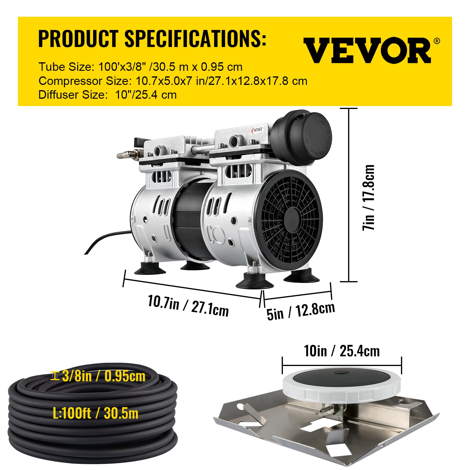 VEVOR Pond Aerator Lake Pond Aeration Kit w/ 3/4 HP Pump 100' Tube 10" Diffuser | VEVOR US