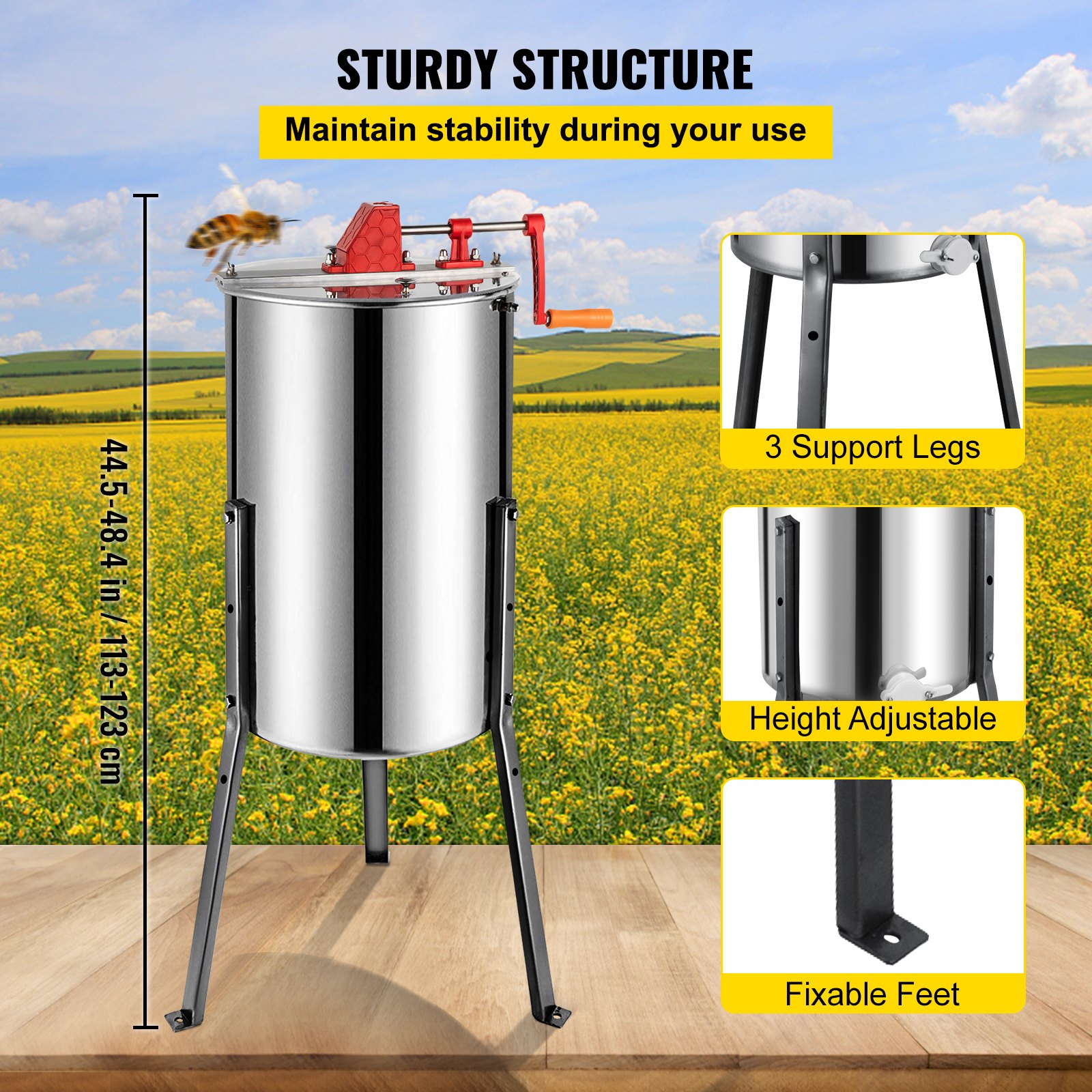 3 Frame Manual Honey Extractor Stainless Steel Honeycomb Spinner Crank ...