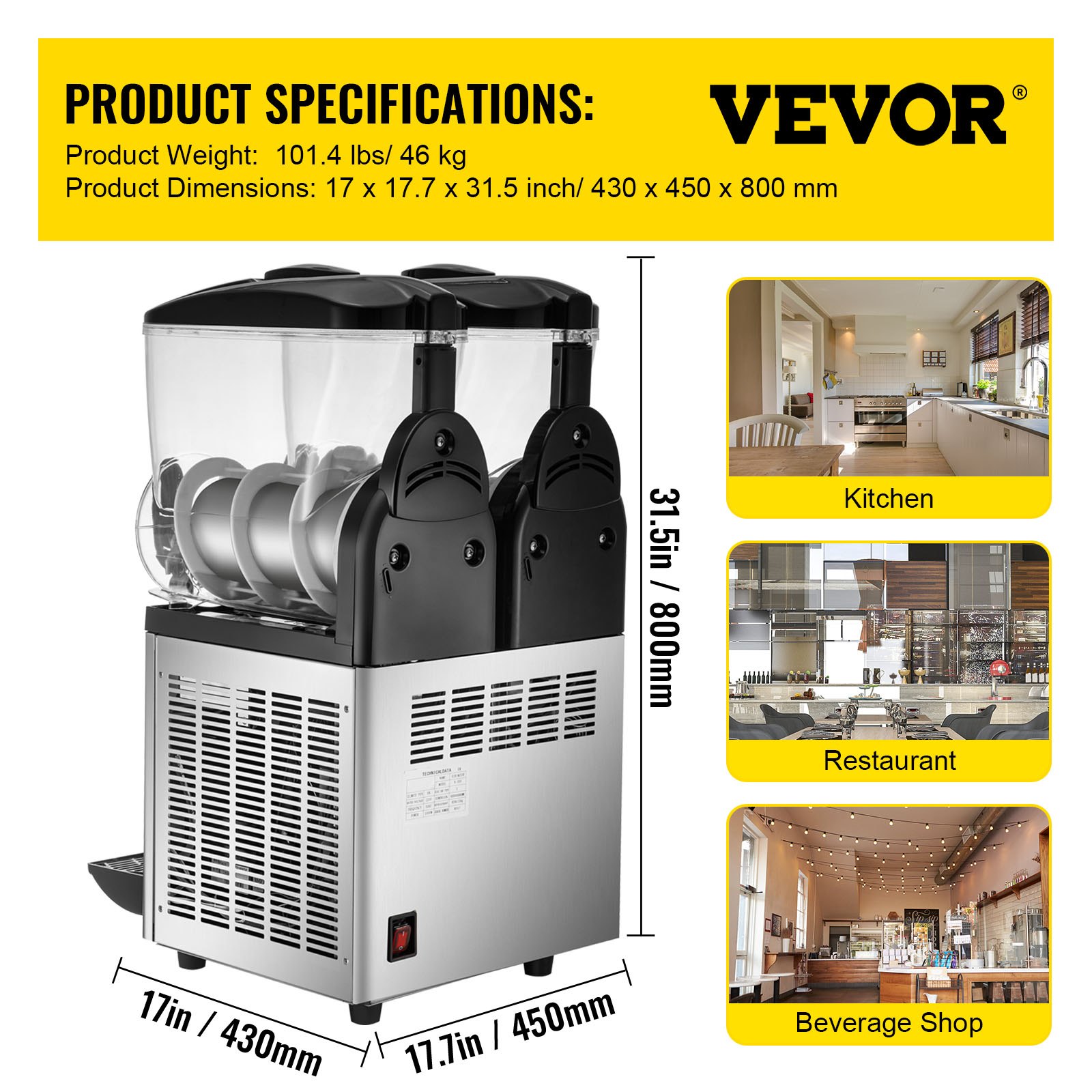VEVOR VEVOR Commercial Slush Machine Margarita Slush Maker 2x15L Frozen ...