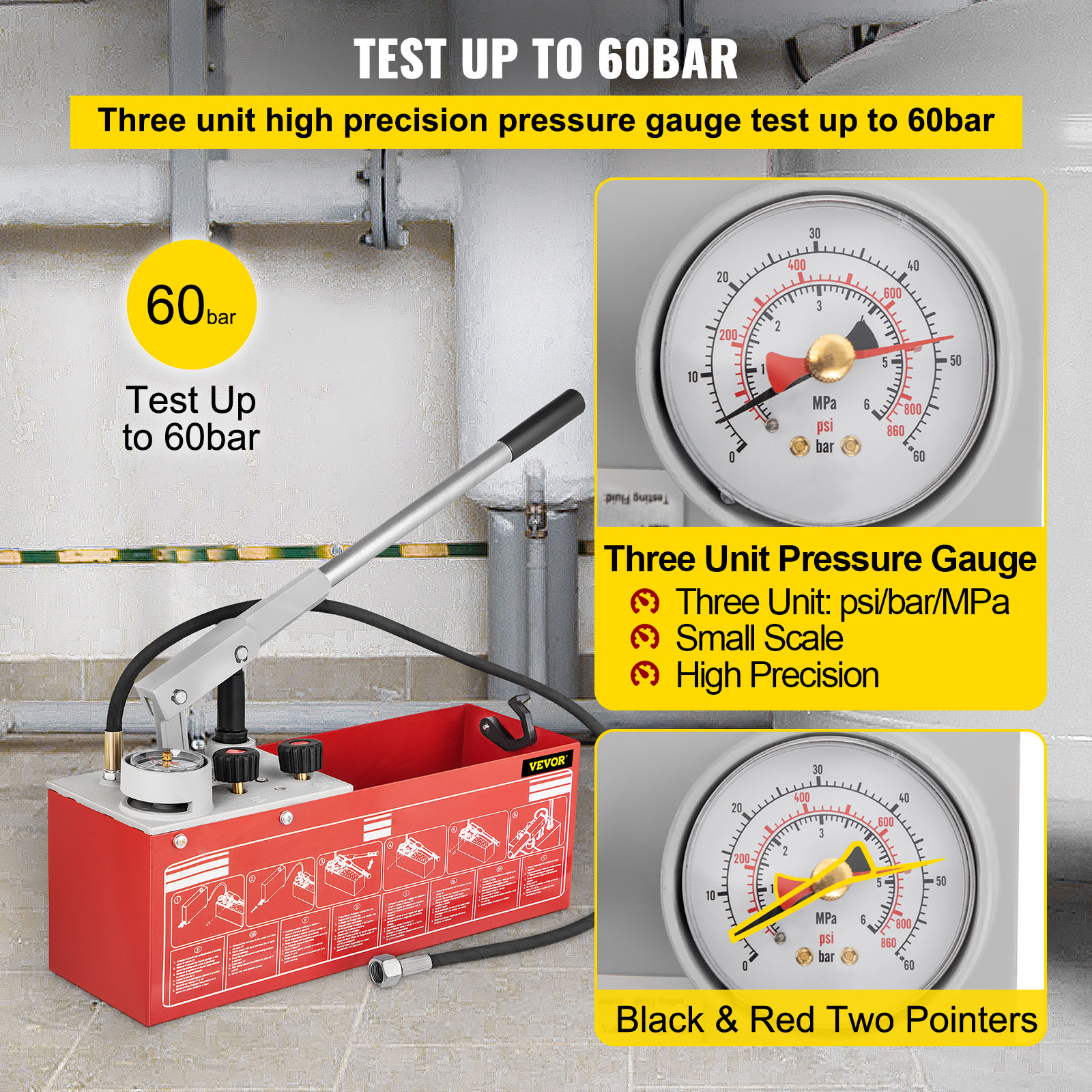 VEVOR Hydrostatic Pressure Test Pump, Test Up to 60 bar/860 psi, 3.2 ...