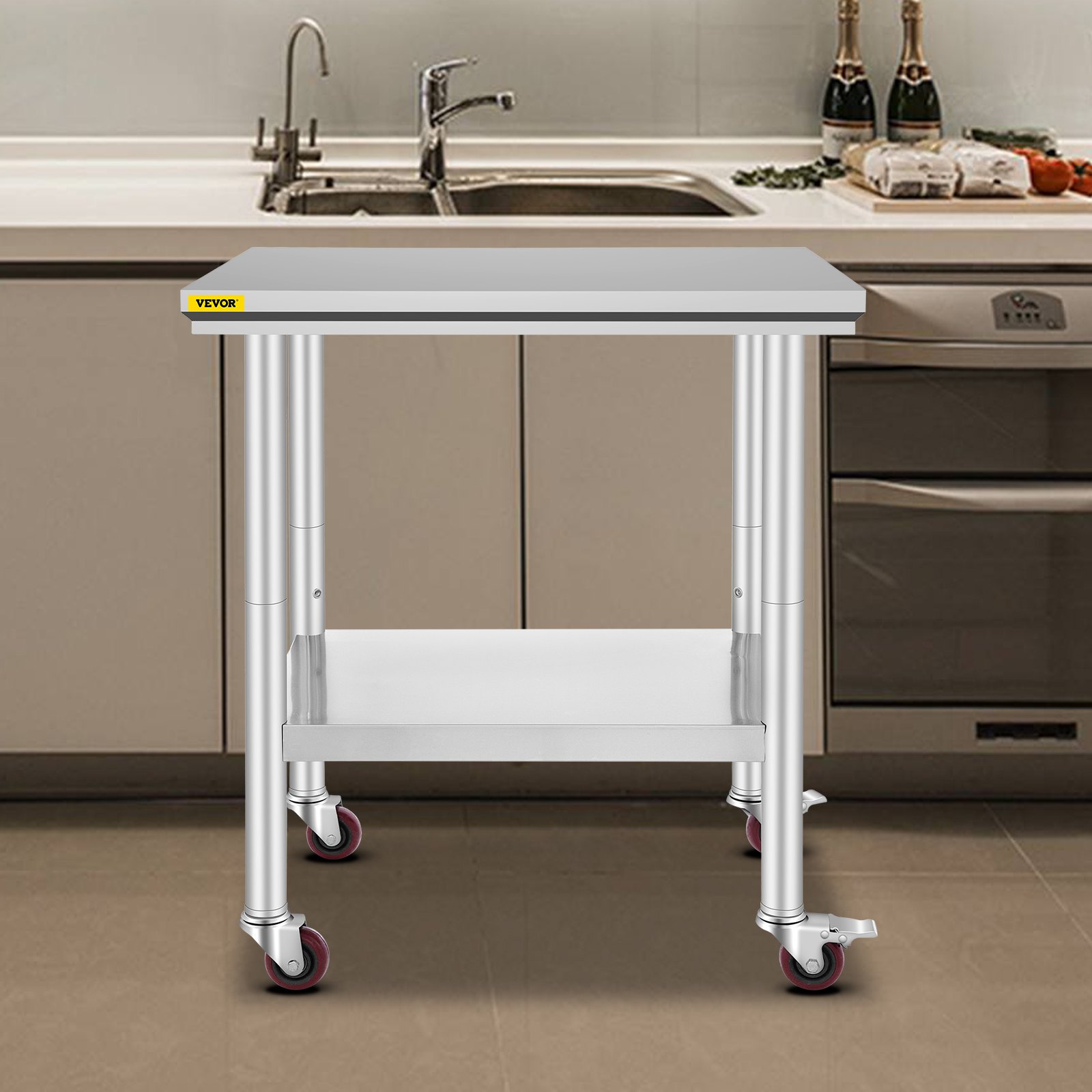 Rolling Stainless Steel Top Kitchen Work Table Cart + Casters Shelving ...