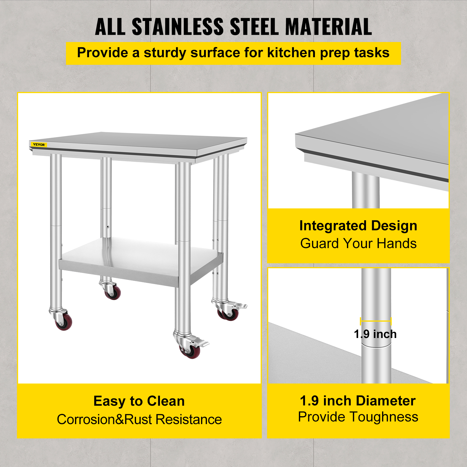 Rolling Stainless Steel Top Kitchen Work Table Cart + Casters Shelving ...
