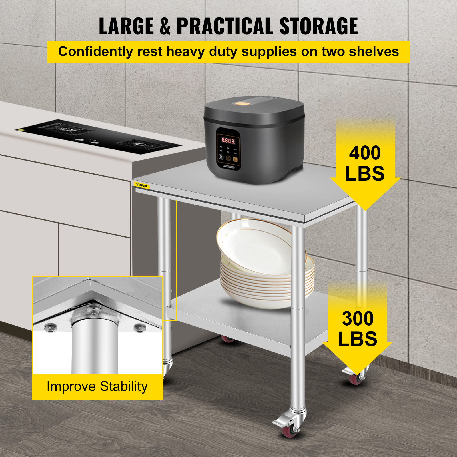 Rolling Stainless Steel Top Kitchen Work Table Cart + Casters Shelving ...