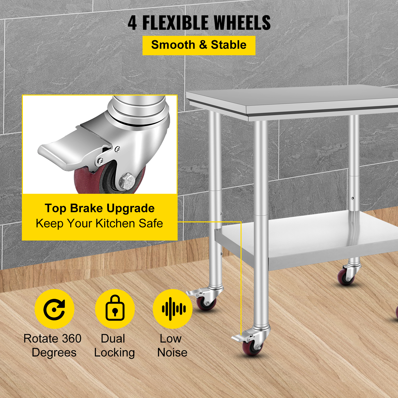 Rolling Stainless Steel Top Kitchen Work Table Cart + Casters Shelving ...