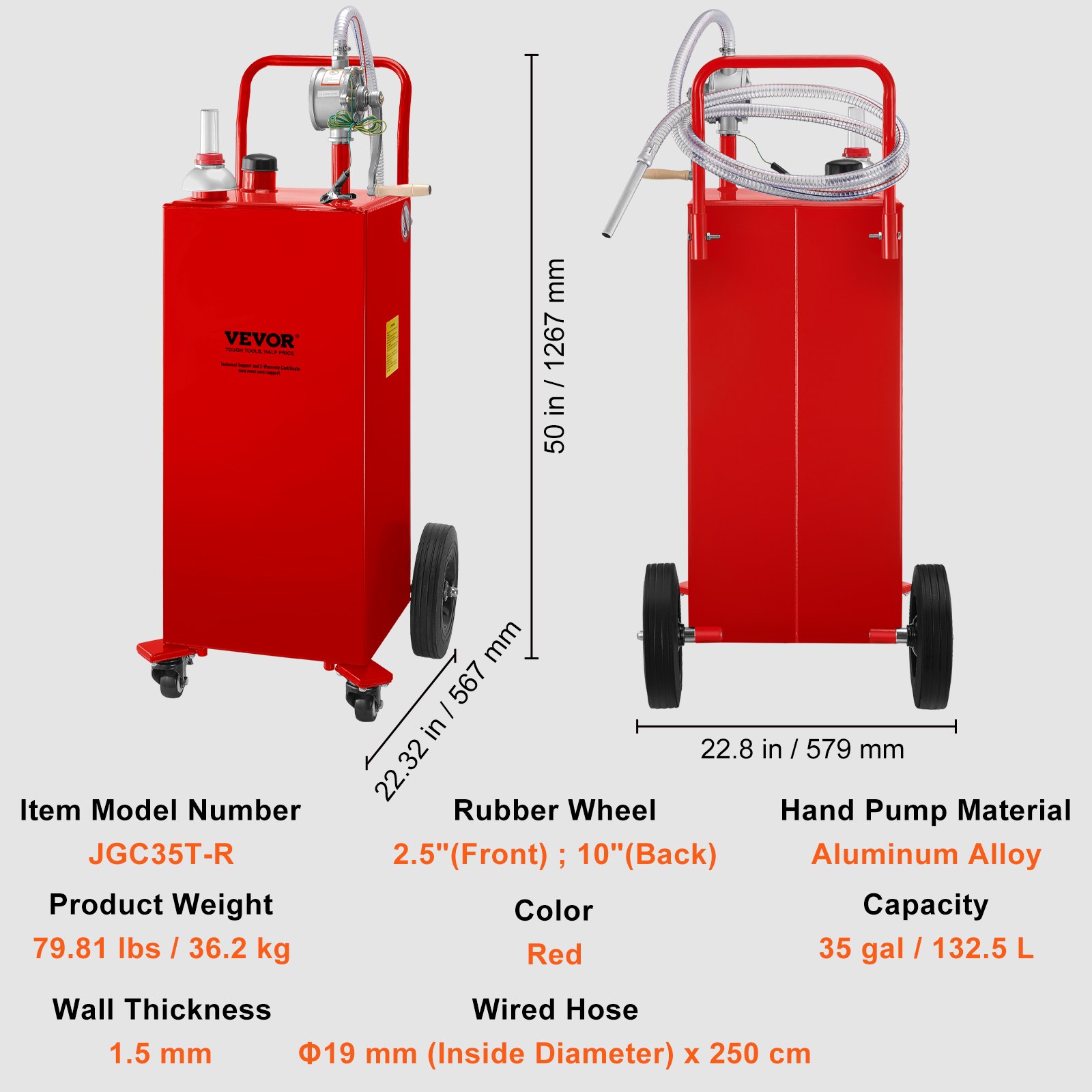 VEVOR Fuel Caddy Fuel Storage Tank 35 Gallon 4 Wheels with Manuel Pump ...