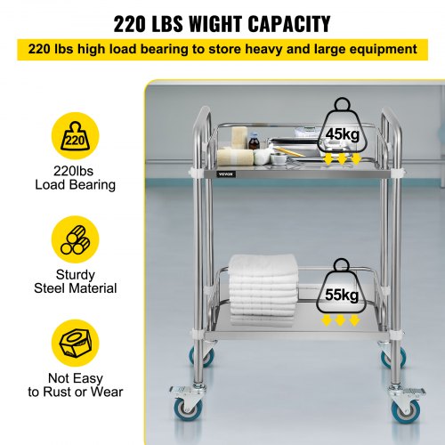 Medical Trolley Mobile Rolling Serving Cart W/ 2 Tiers Stainless Brake ...