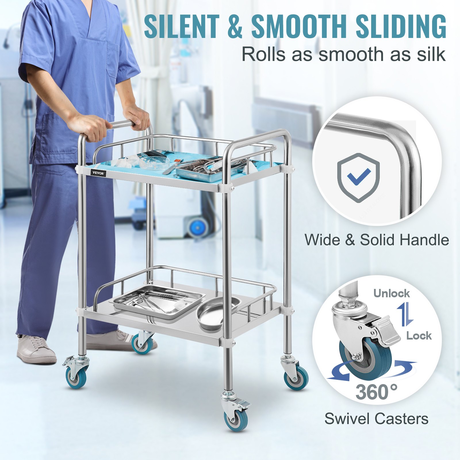 VEVOR 2-Shelf lab cart with Wheels Stainless Steel Rolling cart Lab ...