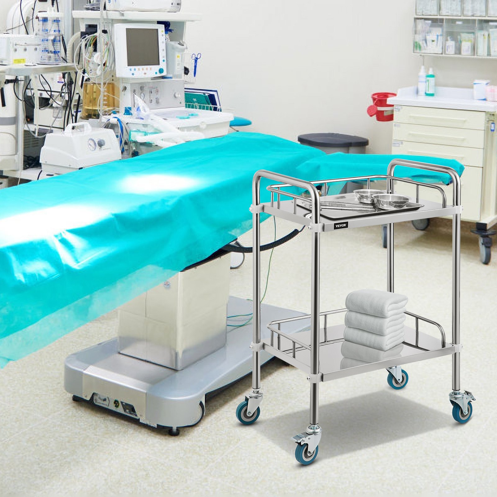 VEVOR 2-Shelf lab cart with Wheels Stainless Steel Rolling cart Lab ...