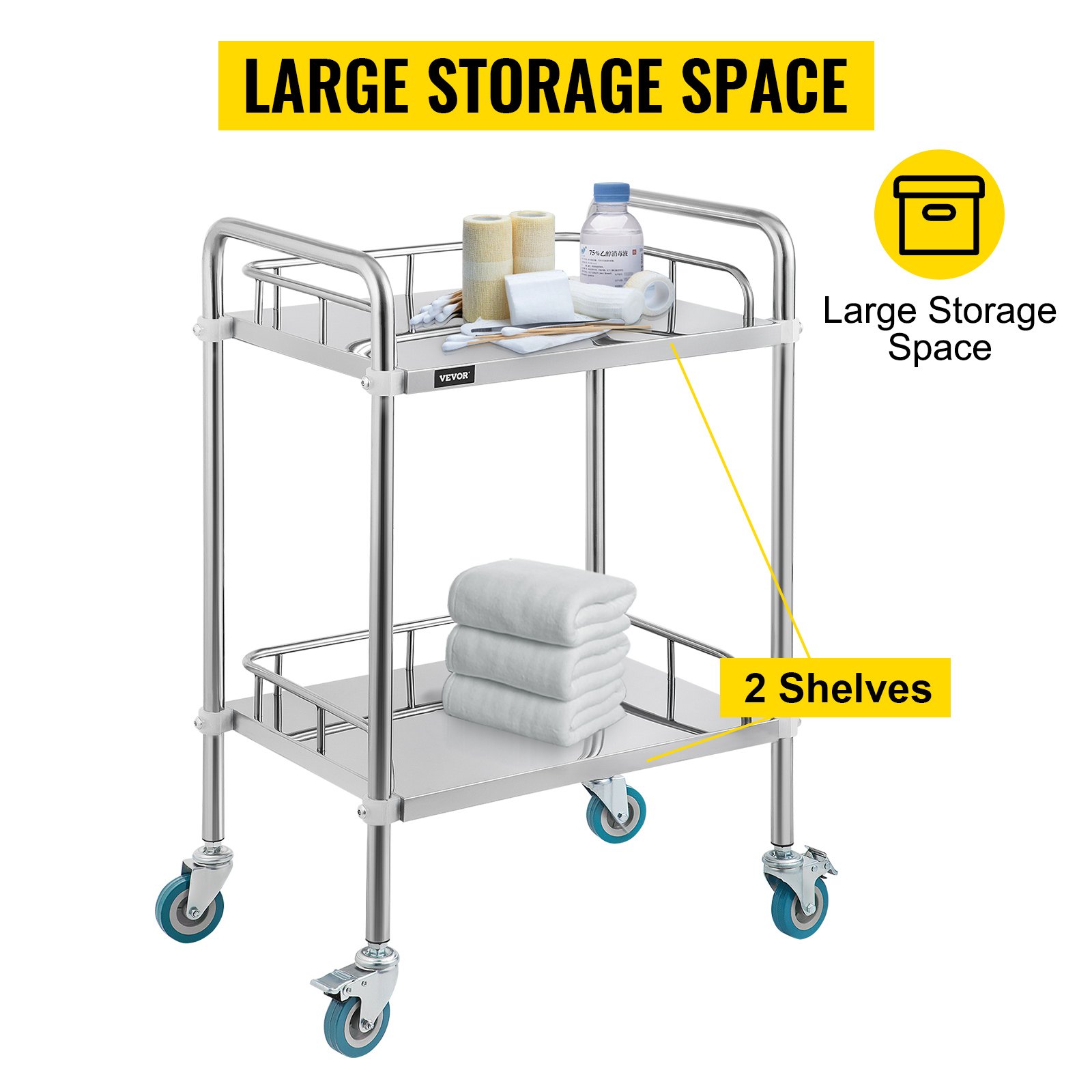 VEVOR 2 Tiers Stainless Steel Cart Lab Medical Dental Cart Trolley ...