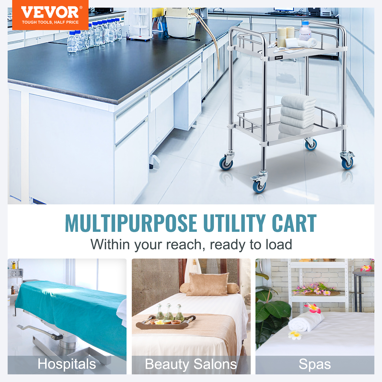 Medical Trolley Mobile Rolling Serving Cart W/ 2 Tiers Stainless Brake ...