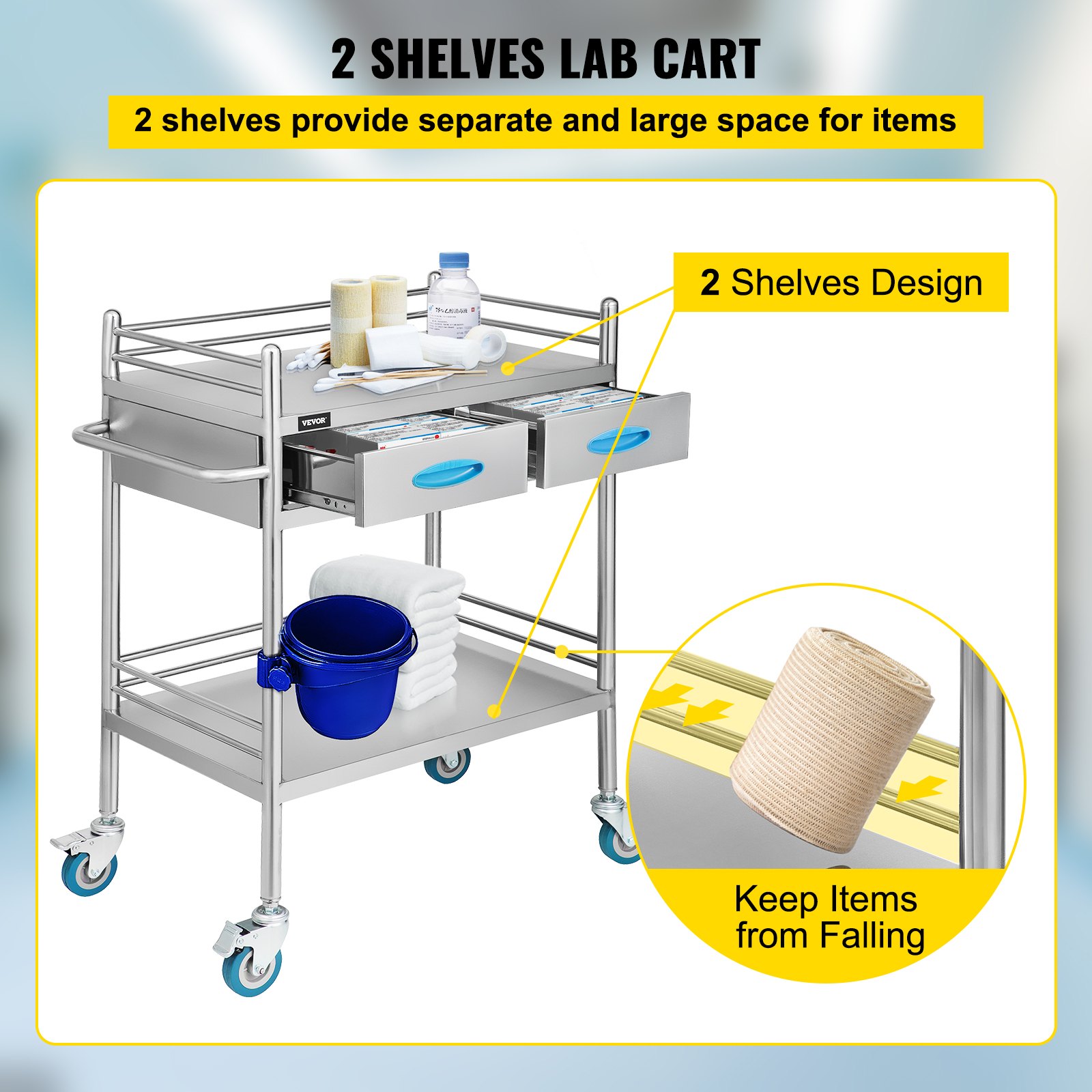 VEVOR Lab Serving Cart Utility Cart with Two-Story Rolling Cart with ...
