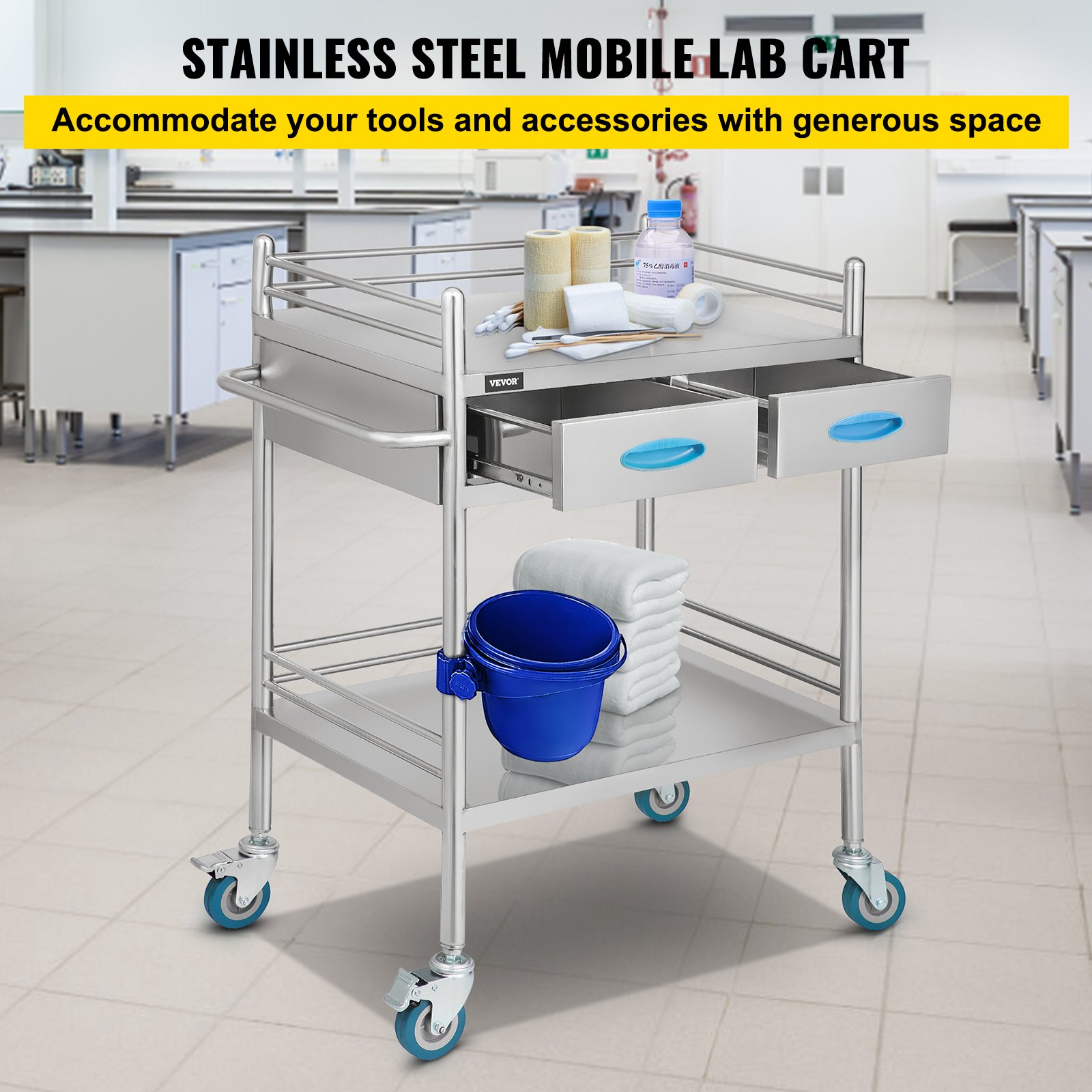 VEVOR Lab Serving Cart Utility Cart Stainless Steel Medical Cart with ...