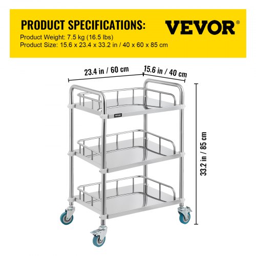 Medical Trolley Mobile Rolling Serving Cart W/ 3 Tiers Stainless Brake ...