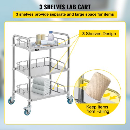 Medical Trolley Mobile Rolling Serving Cart W/ 3 Tiers Stainless Brake ...