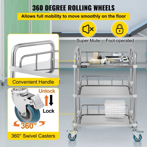 Medical Trolley Mobile Rolling Serving Cart W/ 3 Tiers Stainless Brake ...