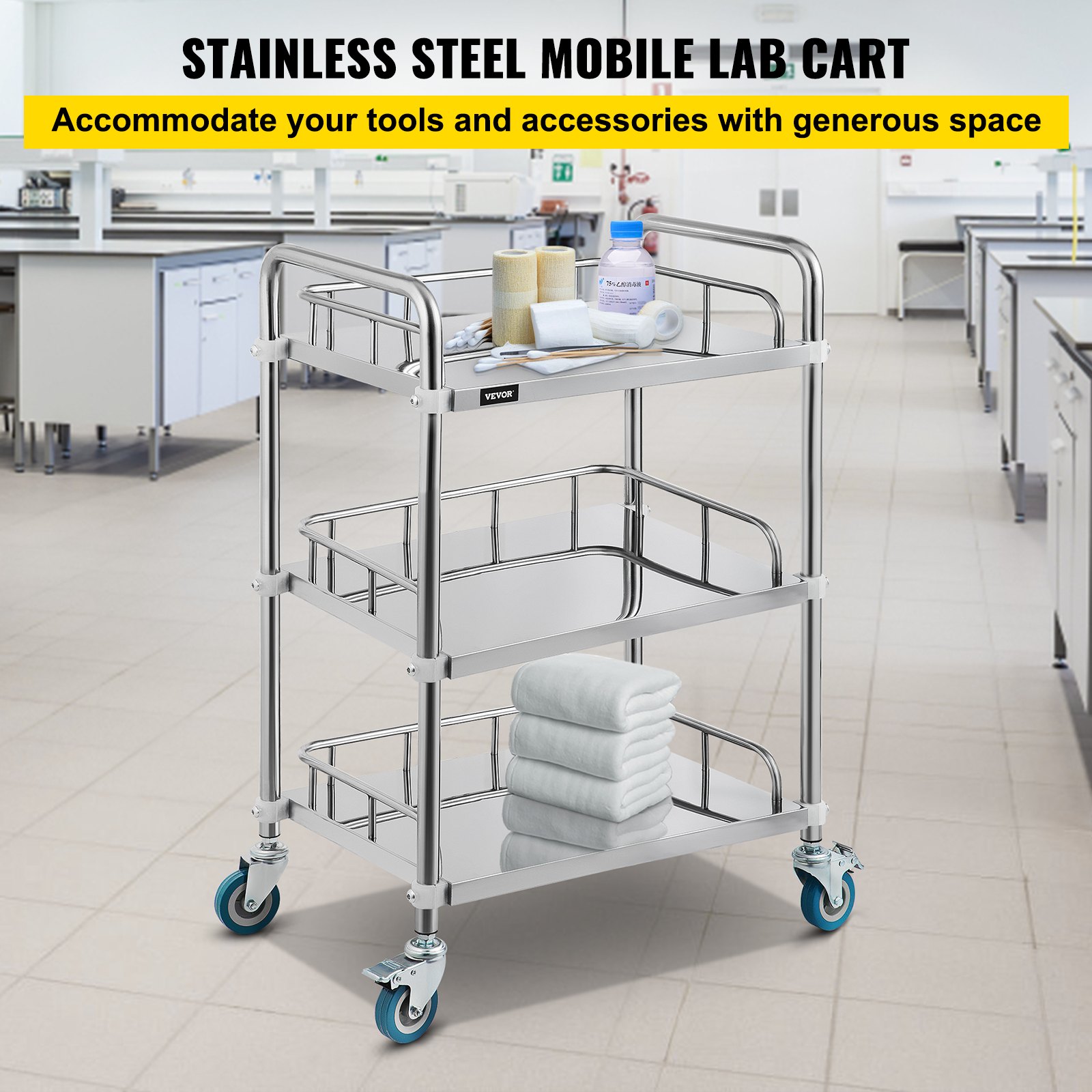 Medical Trolley Mobile Rolling Serving Cart W/ 3 Tiers Stainless Brake ...