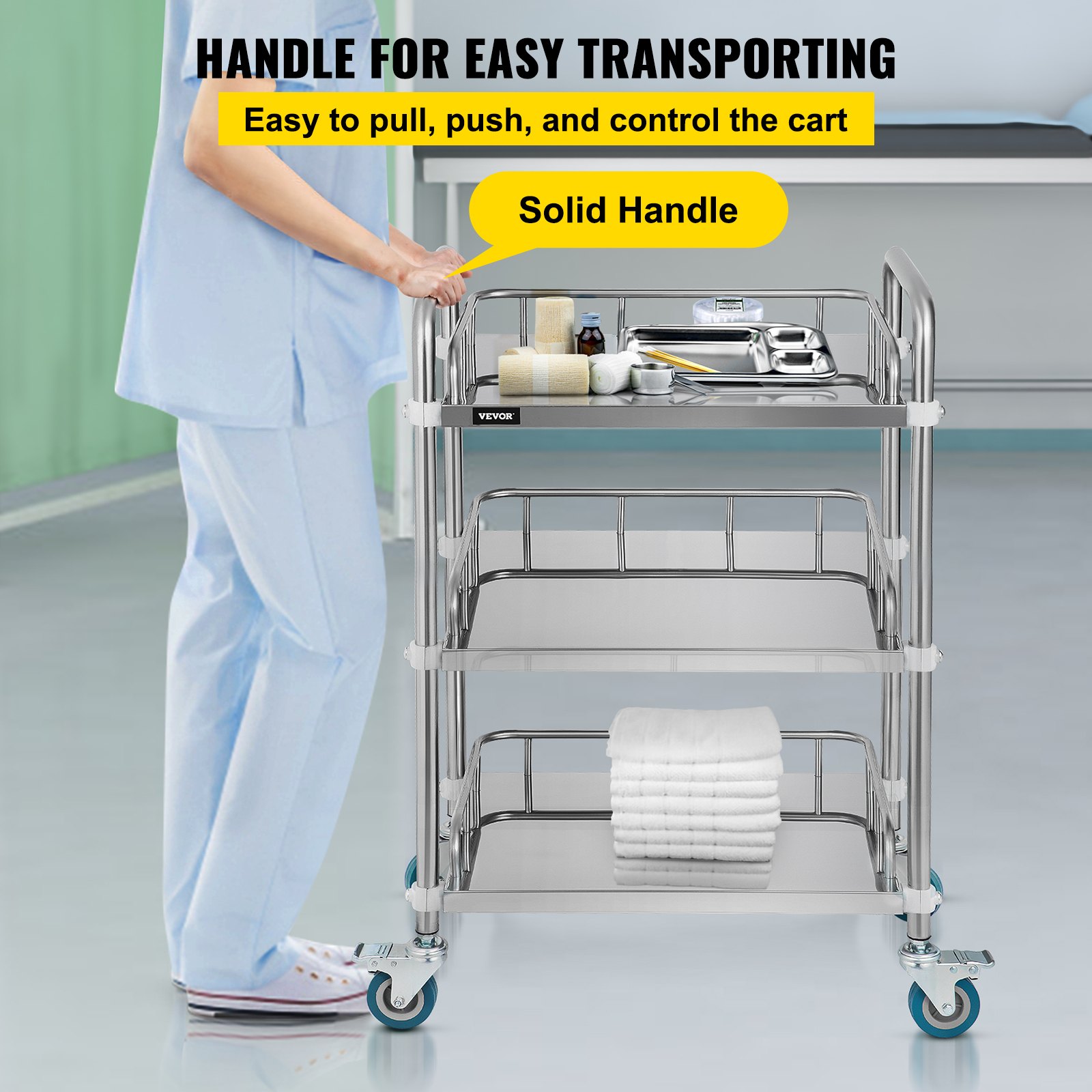 Medical Trolley Mobile Rolling Serving Cart W/ 3 Tiers Stainless Brake ...