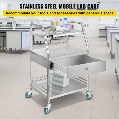 Medical Trolley Mobile Rolling Serving Cart w/ 3 Tiers 1 Drawer ...