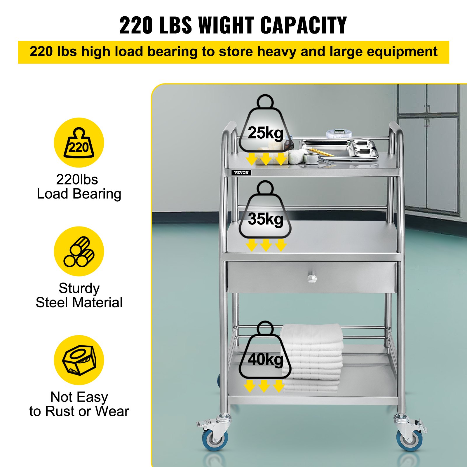 Medical Trolley Mobile Rolling Serving Cart w/ 3 Tiers 1 Drawer ...