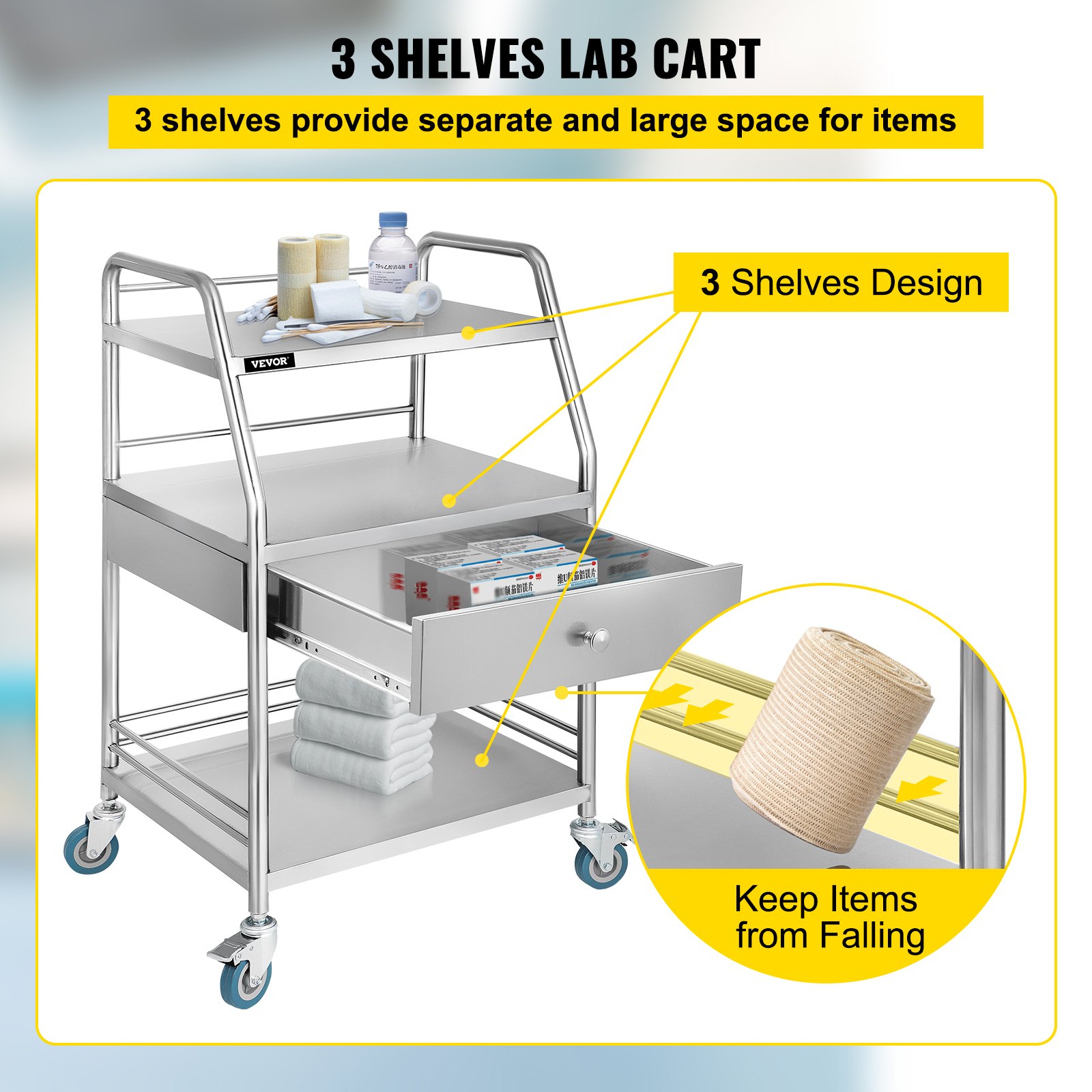 Medical Trolley Mobile Rolling Serving Cart w/ 3 Tiers 1 Drawer ...